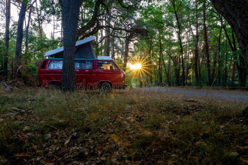 Red Camper Van Parked in a Forest with Sunset Beams Going through Green ...