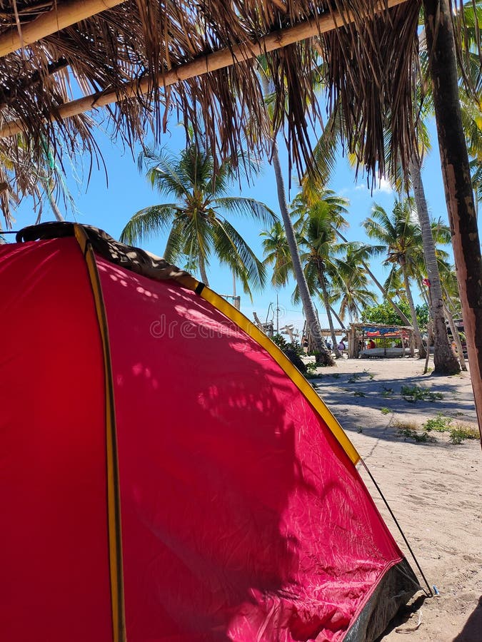Red Camping Tent in the Beach Stock Image - Image of vehicle, leaf ...