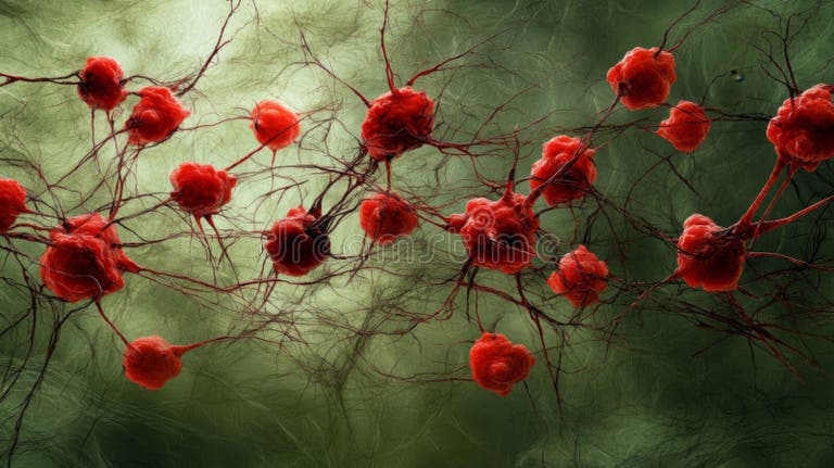 Red Cancer Cells Network Interconnected in Green Background Stock ...