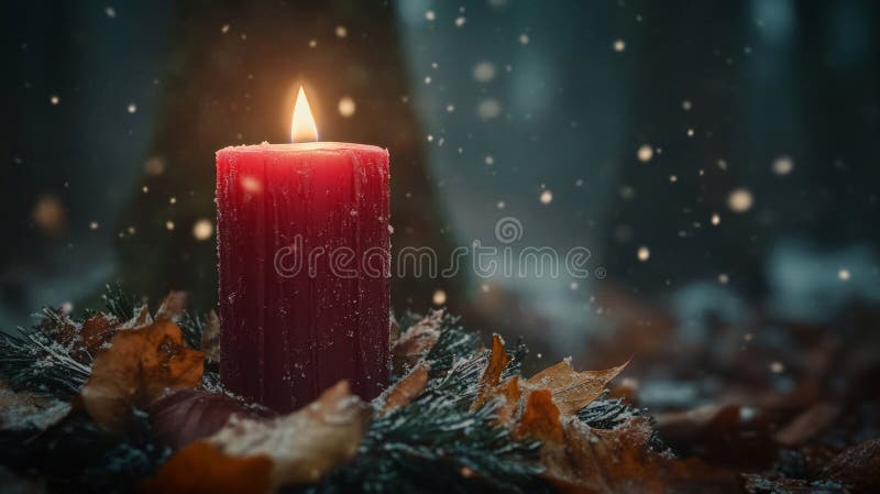 Red Candle Burning in Snowy Forest at Night Stock Illustration ...