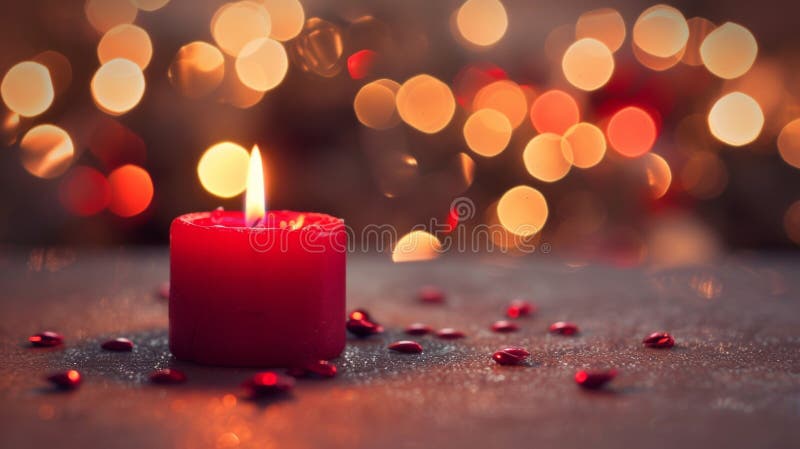 A Red Candle Lit on a Table with Some Confetti Around it, AI Stock ...