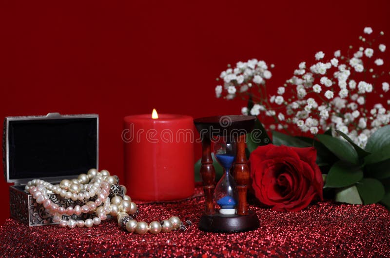 Red Candle and Rose on Red Velvet Background Stock Photo - Image of ...