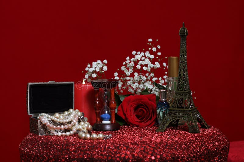Red Candle and Rose on Red Velvet Background Stock Photo - Image of ...