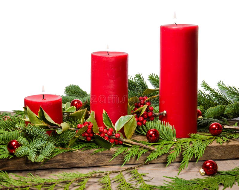 Red Candles with Cedar Boughs Stock Image - Image of berry, noel: 47535711