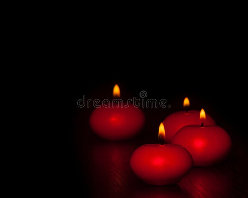 Red Candles with Flame on Wood and Black Background, Dark Atmospere ...