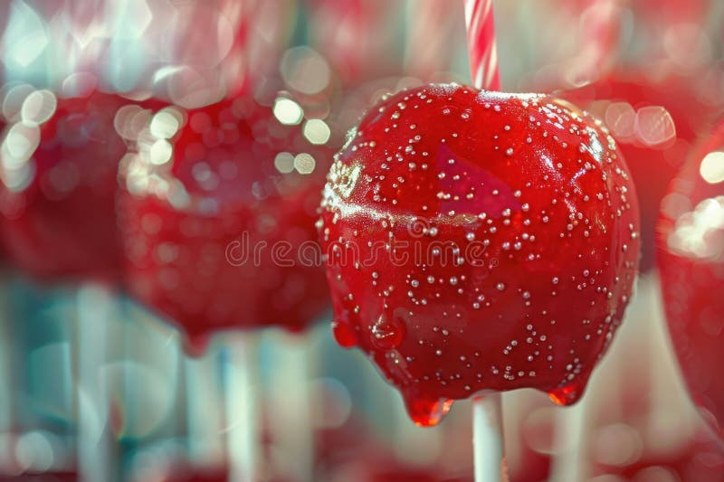 Red Candy Apple Covered in Sugar Bubbles Hanging from a Stick Stock ...