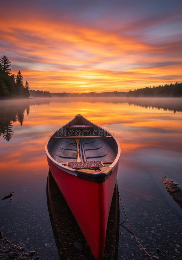 Red Canoe on a Calm Lake at Sunrise Stock Illustration - Illustration ...