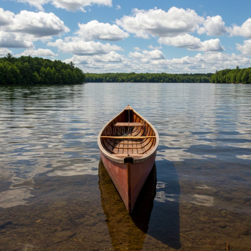 Red Canoe on a Calm Lake Under a Sunny Sky Stock Illustration ...