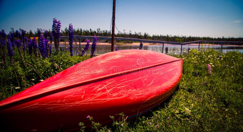 Red canoe on shore stock photo. Image of island, landscape - 115610076