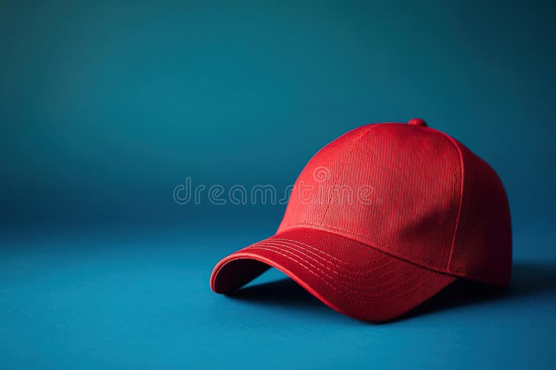 Red Baseball Cap on Blue Background. Side View. Branding Mockup Stock ...