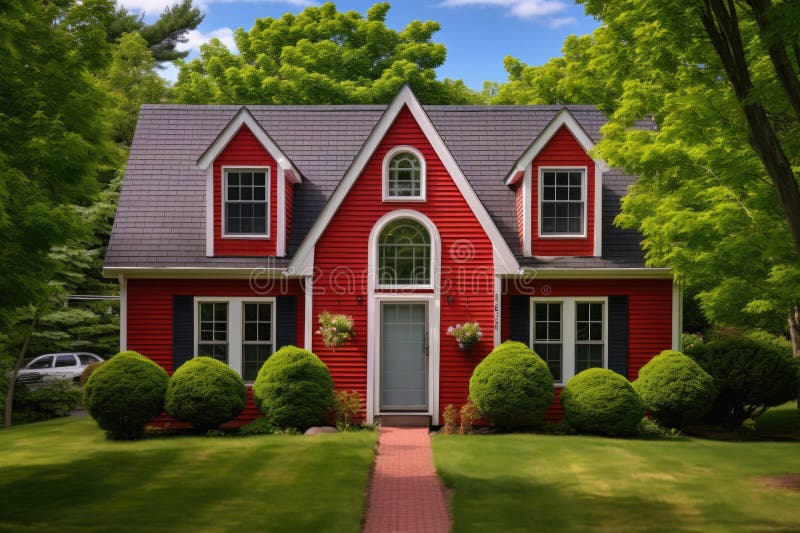 Red Cape Cod with Symmetrical Dormers Surrounded by Green Trees Stock ...