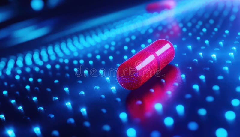 Red Capsule Illuminated by Blue Light on a Dark Surface at a Technology ...