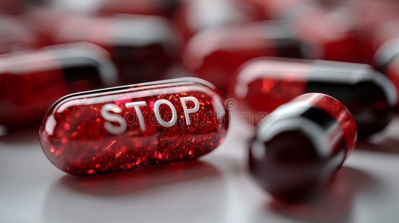 Red Capsule with Stop Text Over Scattered Background of Other Capsules ...