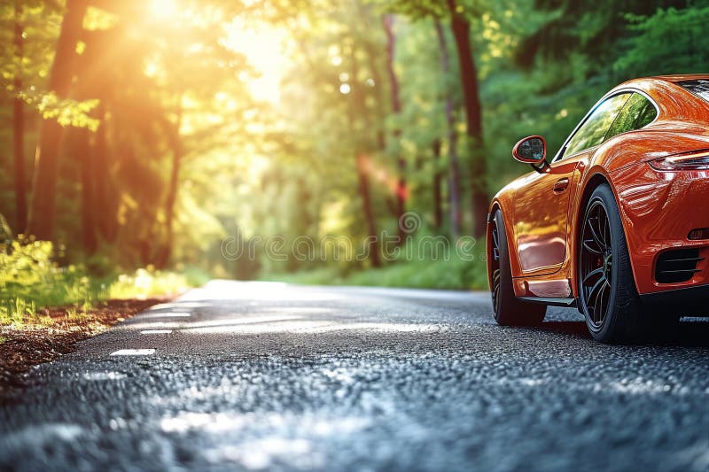 Red Car on Asphalt Road in Summer. Stock Illustration - Illustration of ...