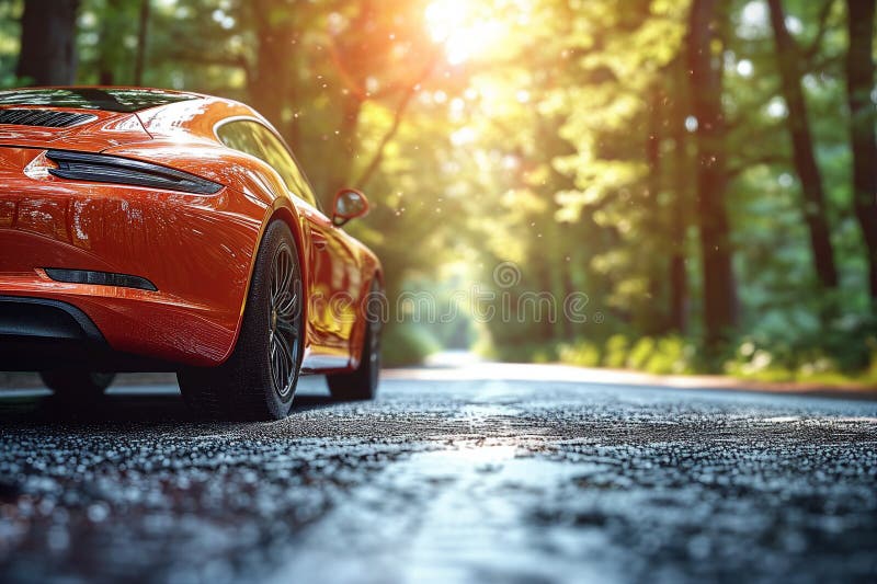 Red Car on Asphalt Road in Summer. Stock Illustration - Illustration of ...