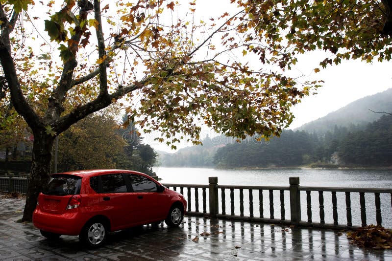 Red car in autumn stock photo. Image of bodywork, road - 7032734