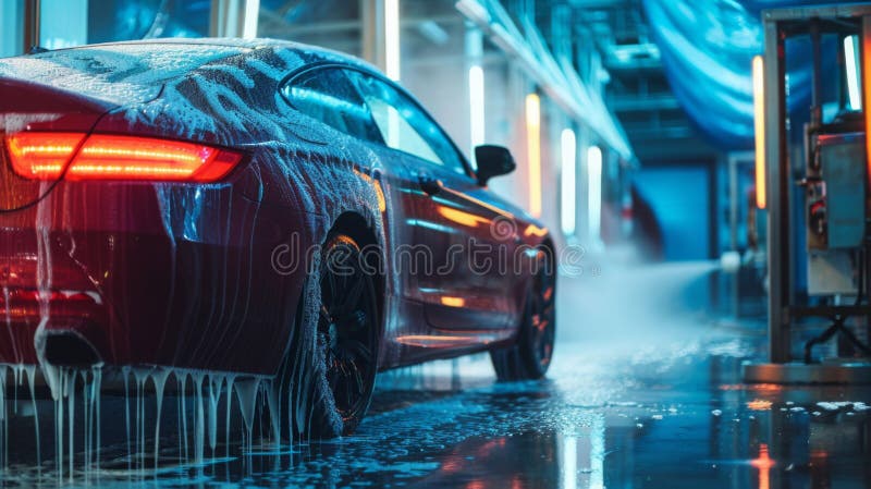 Red Car Being Washed in Automatic Car Wash Stock Image - Image of tires ...