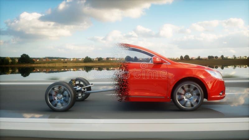 Red Car Chassis with Engine on Highway. Transition with Particles. Very ...