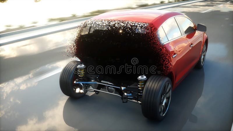Red Car Chassis with Engine on Highway. Transition with Particles. Very ...