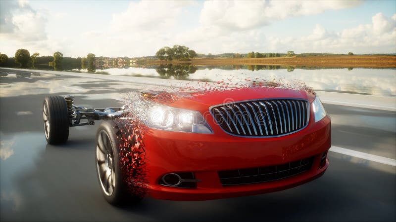 Red Car Chassis with Engine on Highway. Transition with Particles. Very ...