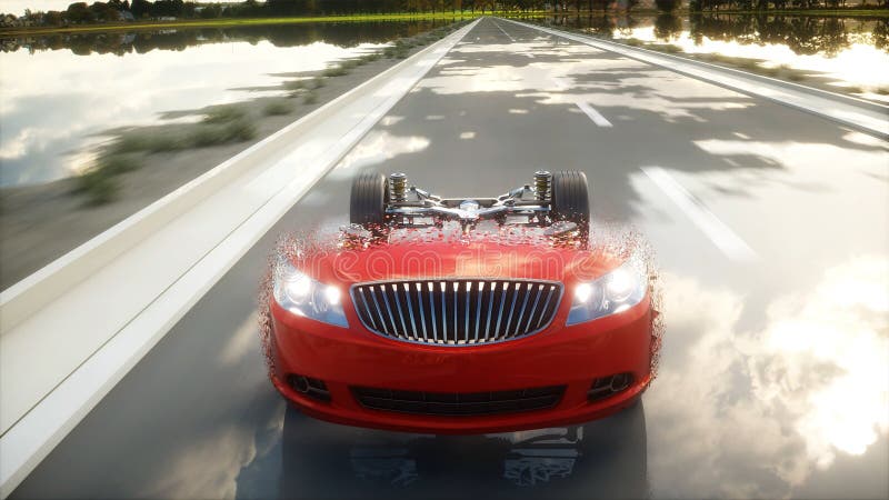 Red Car Chassis with Engine on Highway. Transition with Particles. Very ...