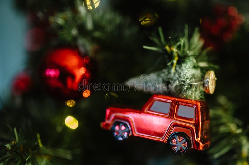 The Red Car on the Christmas Tree is Big Plan Stock Image - Image of ...