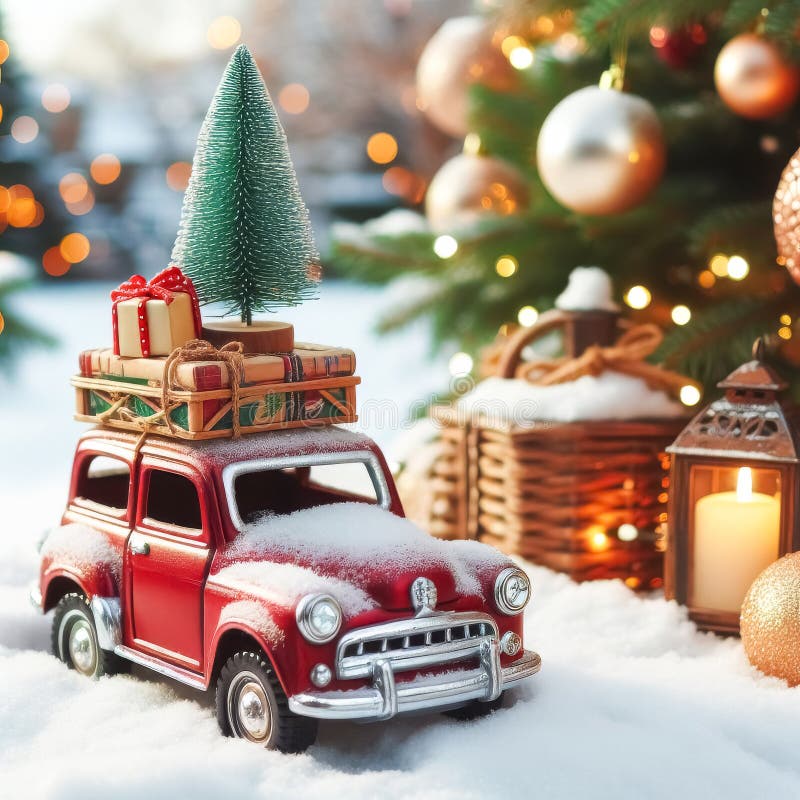 A Red Car with a Christmas Tree on Top of it Stock Photo - Image of ...