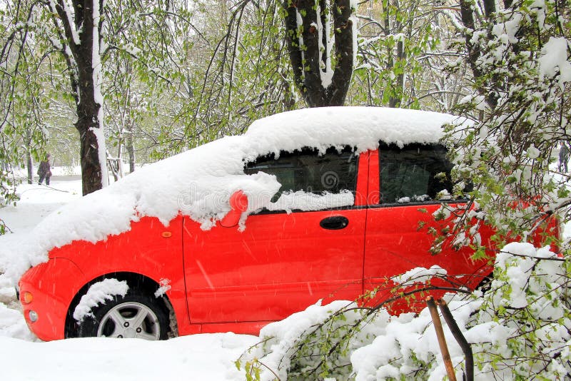 The Red Car, Covered with Snow during a Blizzard Stock Photo - Image of ...
