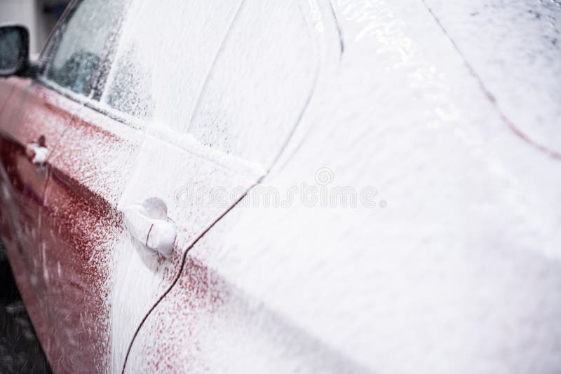 Red Car Covered with White Active Foam Stock Photo - Image of water ...