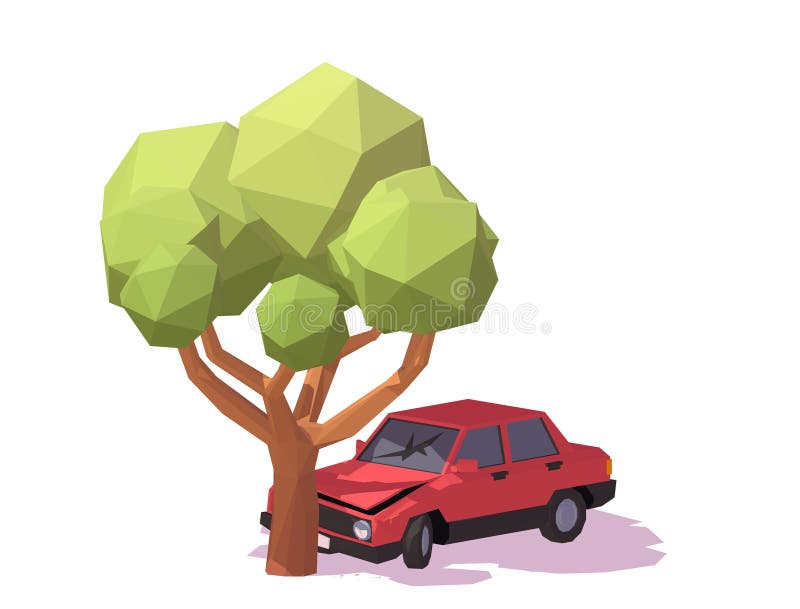 Red Car Crash with a Tree. Accident Concept. Low Poly Illustration ...