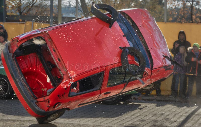 Red Car Crashing at a Motor Show Editorial Photo - Image of insured ...
