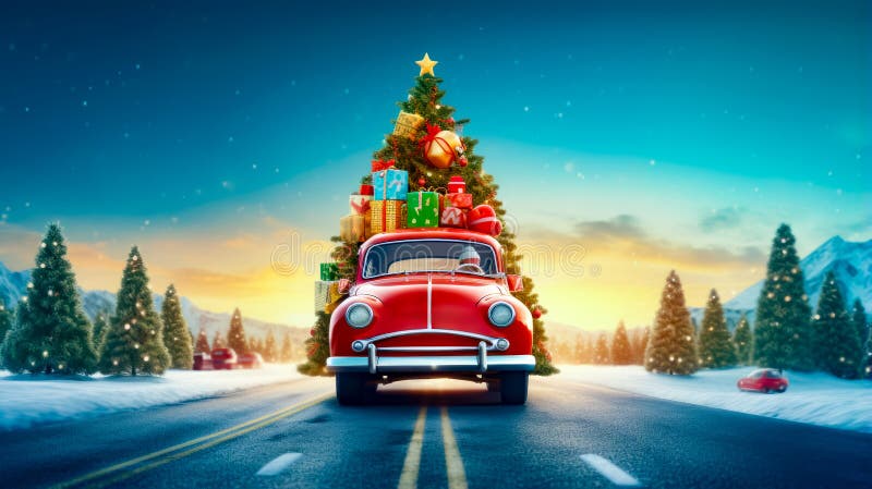 Red Car Driving Down Road with Christmas Tree on Top of it. Generative ...
