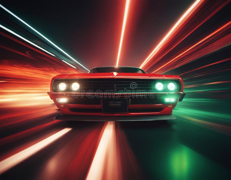 A Red Car Driving Down a Street at Night Stock Illustration ...