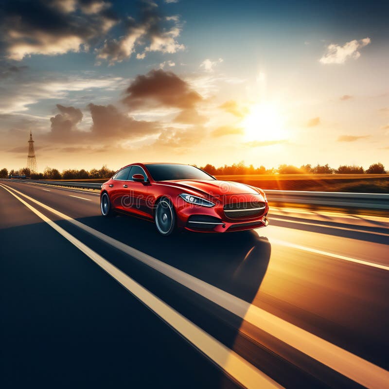 REd Car Driving on Freeway at Sunset, Generative Ai Stock Illustration ...