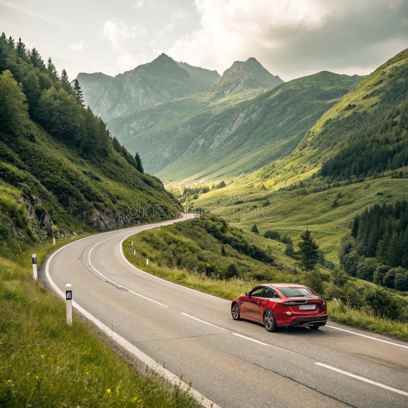 Red Car Driving on Nature Road between Green Mountains Stock ...