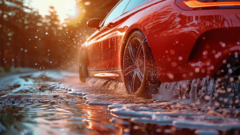Red Car Driving through Puddle of Water Stock Image - Image of road ...