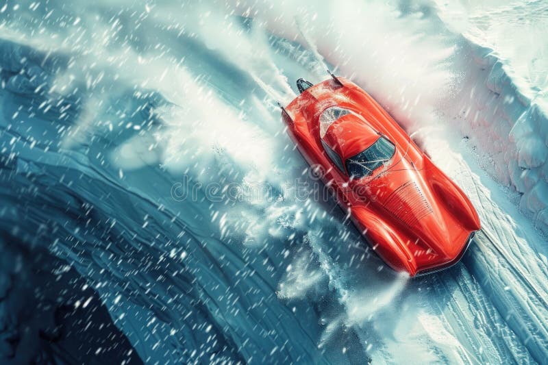 A Red Car Driving through a Wave of Water. Suitable for Transportation ...