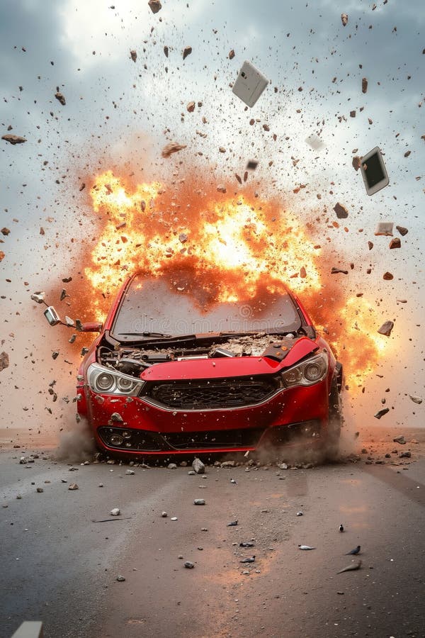 A Red Car is Exploding Out of the Ground with a Lot of Debris Coming ...