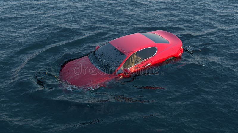 Red Car Falls and Drowning in Water Stock Illustration - Illustration ...