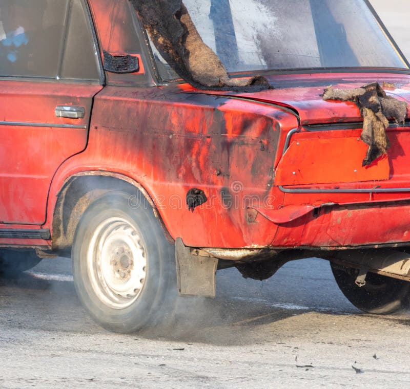 Red Car after the Fire. Burnt Metal Stock Photo - Image of burn, flame ...