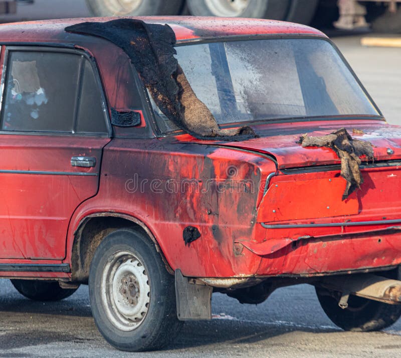 Red Car after the Fire. Burnt Metal Stock Image - Image of riot, damage ...