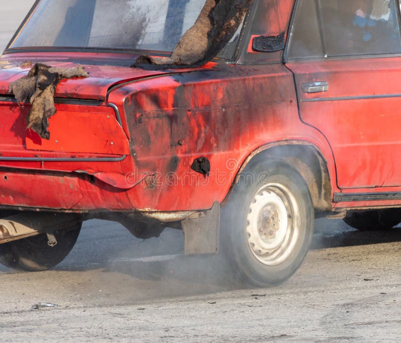 Red Car after the Fire. Burnt Metal Stock Image - Image of riot, damage ...