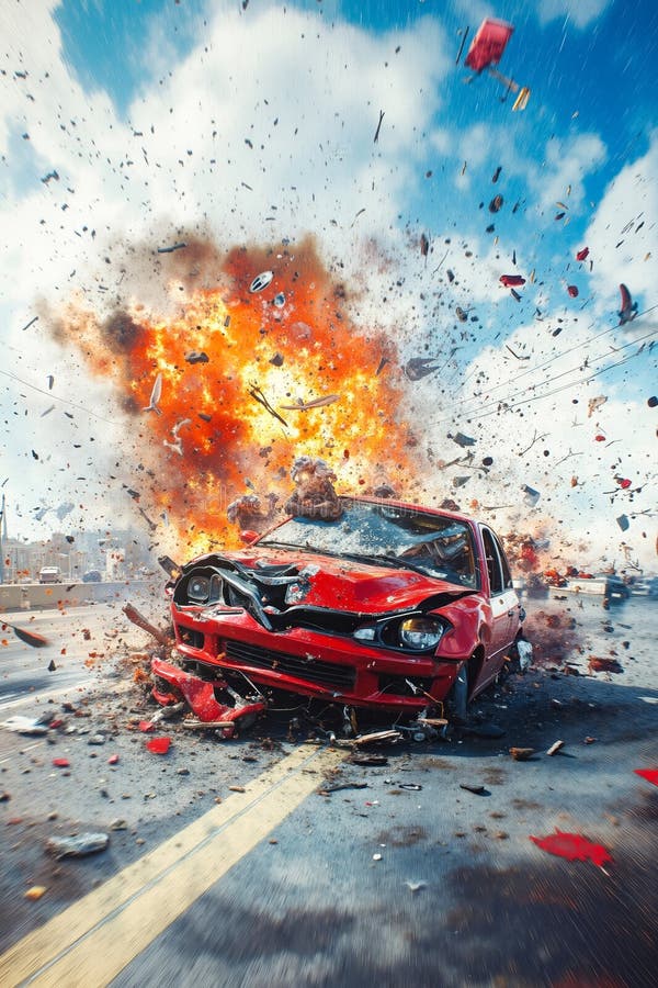 A Red Car that is on Fire on the Side of the Road Stock Photo - Image ...