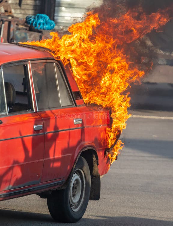 Red Car in a Flame of Fire. Stock Image - Image of safety, disaster ...