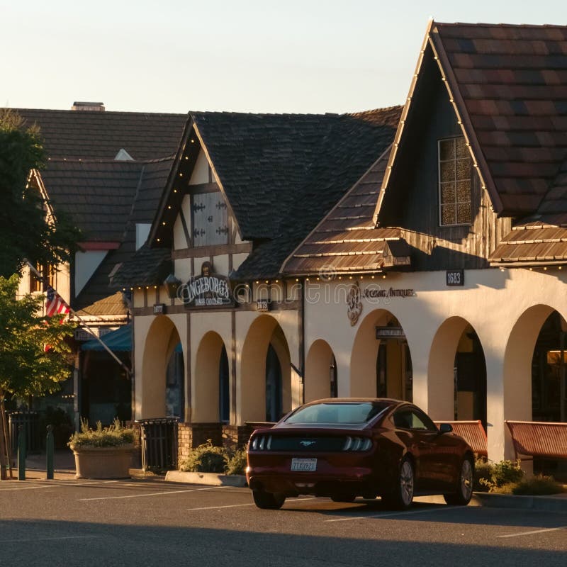 Red Car in Front of Solvang Building Editorial Photography - Image of ...