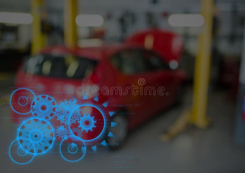 Red Car in Garage with Blue Gear Graphic Stock Photo - Image of digital ...