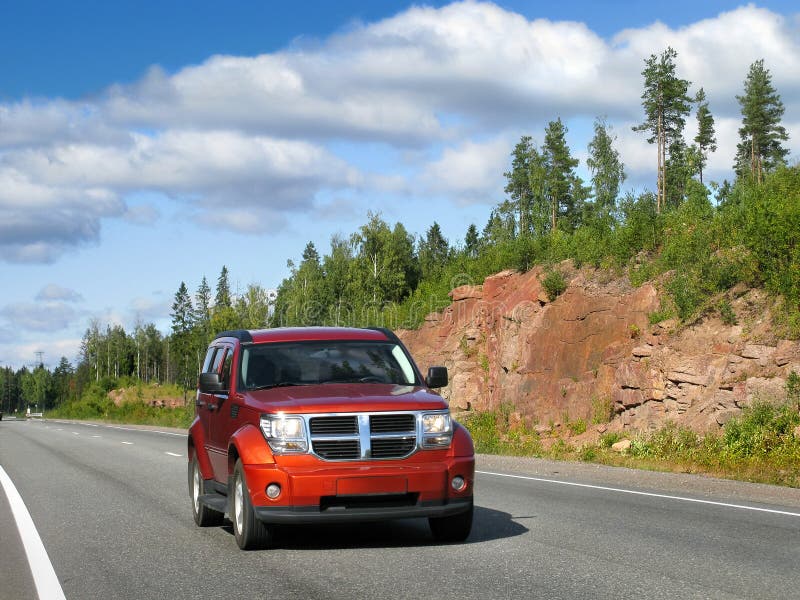 Red car on highway stock photo. Image of motorway, scandinavia - 7515020