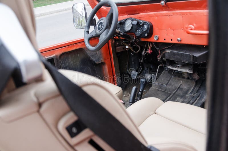 Red Car Interior with Steering Wheel Stock Photo - Image of cockpit ...