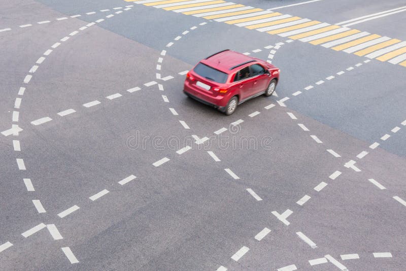 Red Car at Intersection with Marking Stock Image - Image of stop ...