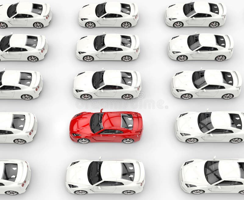 Red Car among Many Rows of White Cars Stock Image - Image of auto ...